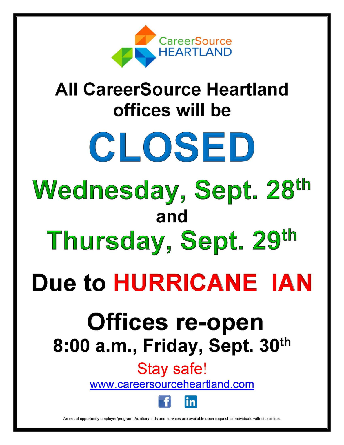 Office Closure: Hurricane Ian - CareerSource Heartland